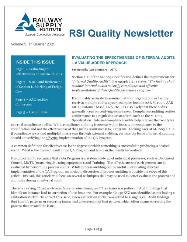 Quality Assurance Newsletter | Volume V, 1st Quarter 2021 - RSI